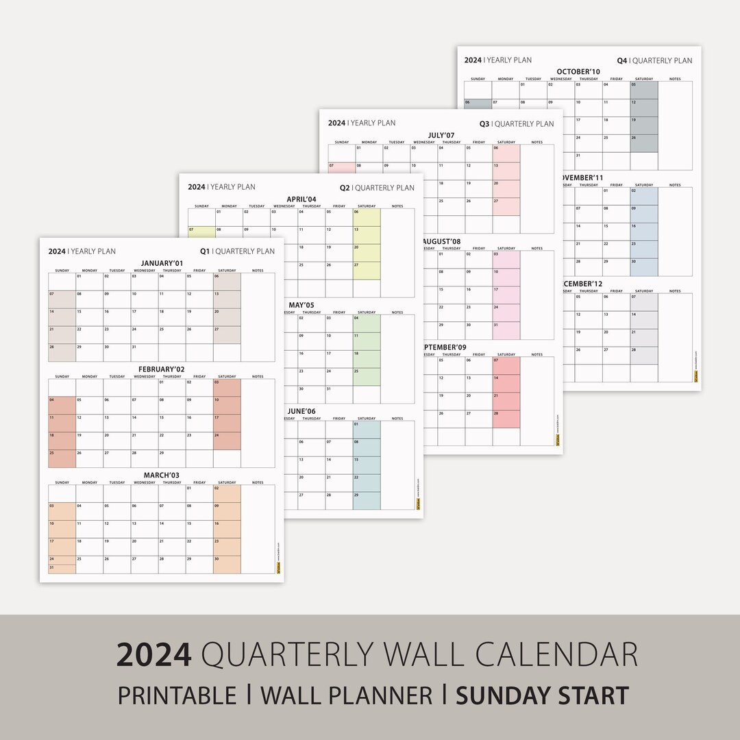PRINTABLE 2024 Quarterly Wall Calendar Set, 90 Day Planning, Quarterly ...