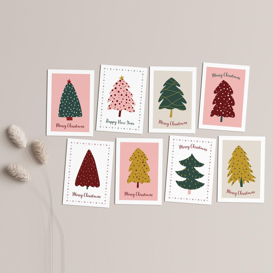 Printable Christmas Tree 8 Cards Set, Digital Download A6, 5x7” Holiday ...