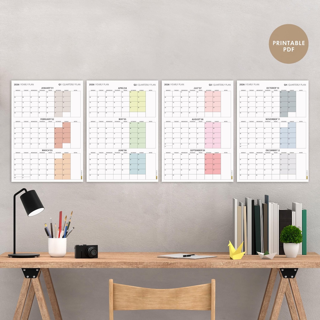 2026 Quarterly Wall Calendar Bundle | Printable Q1 Q2 Q3 Q4 | Wall ...