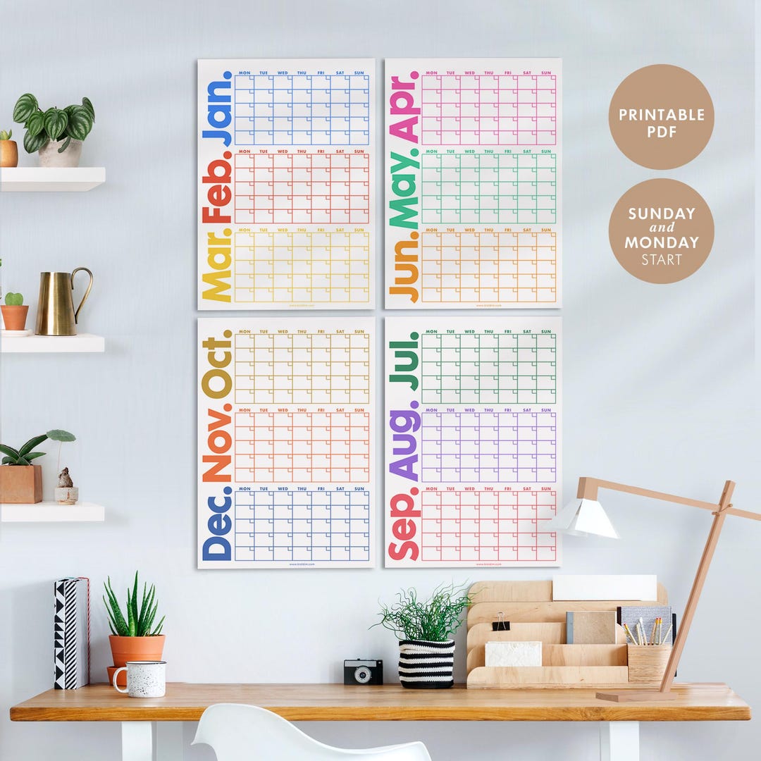 PRINTABLE Undated Quarterly Wall Calendar Bundle | MONDAY & SUNDAY ...