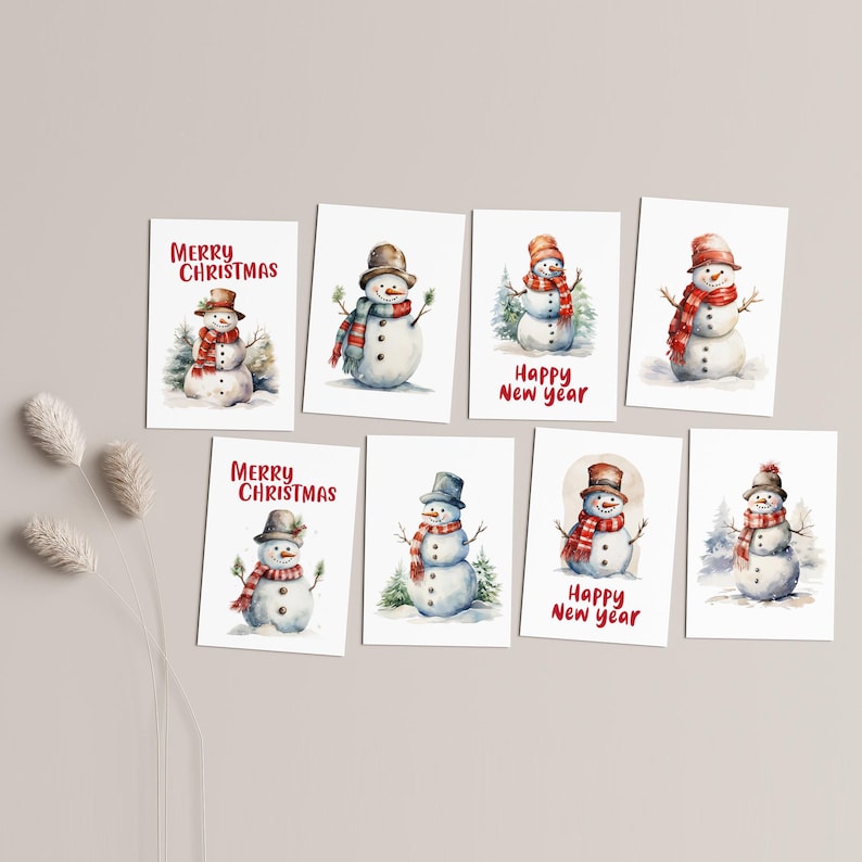 Printable Snowman Christmas Cards, Set of 8 Postcards, A6 Cards, 5x7 ...