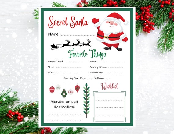 Printable Secret Santa Worksheet | Etsy