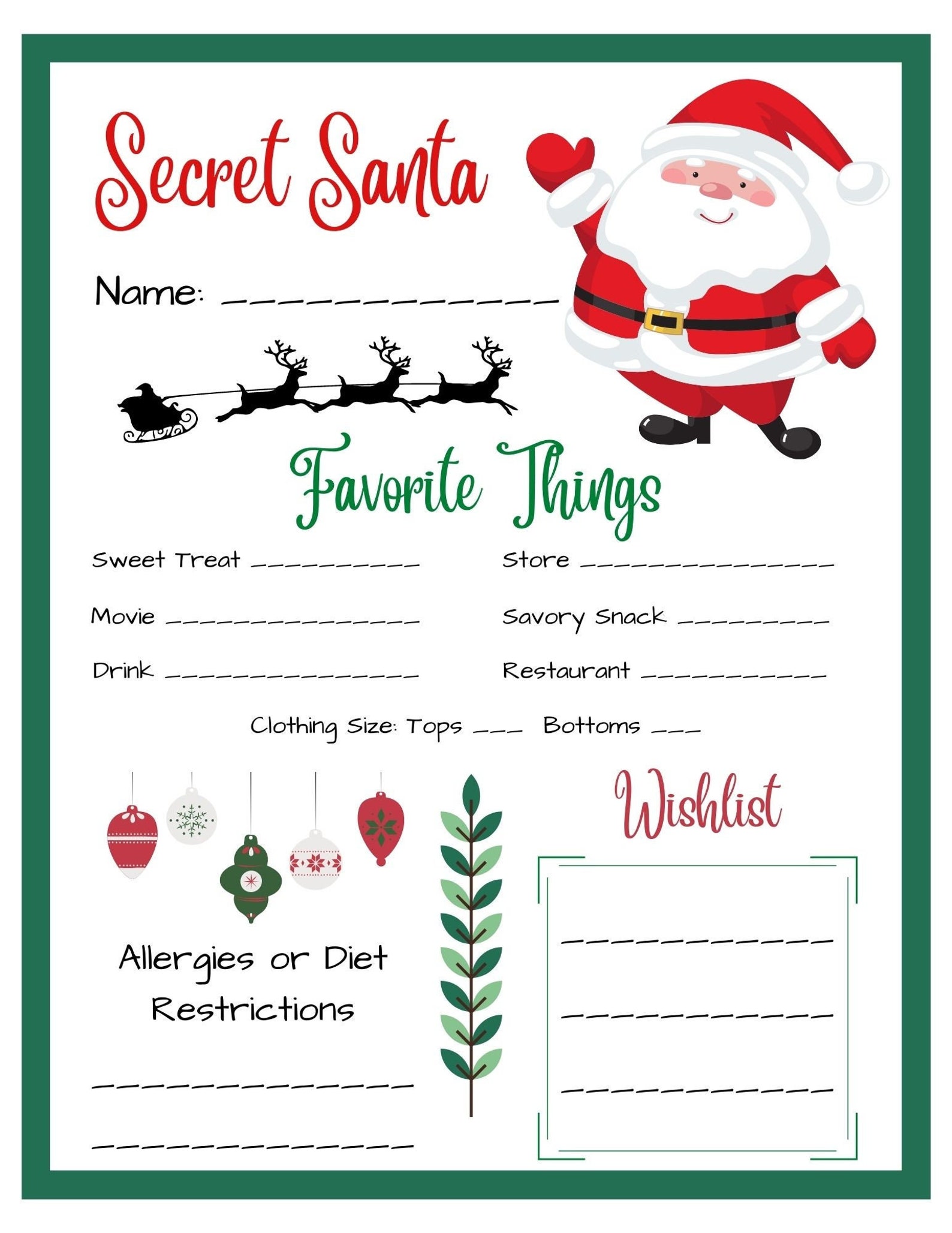 Printable Secret Santa Worksheet - Etsy
