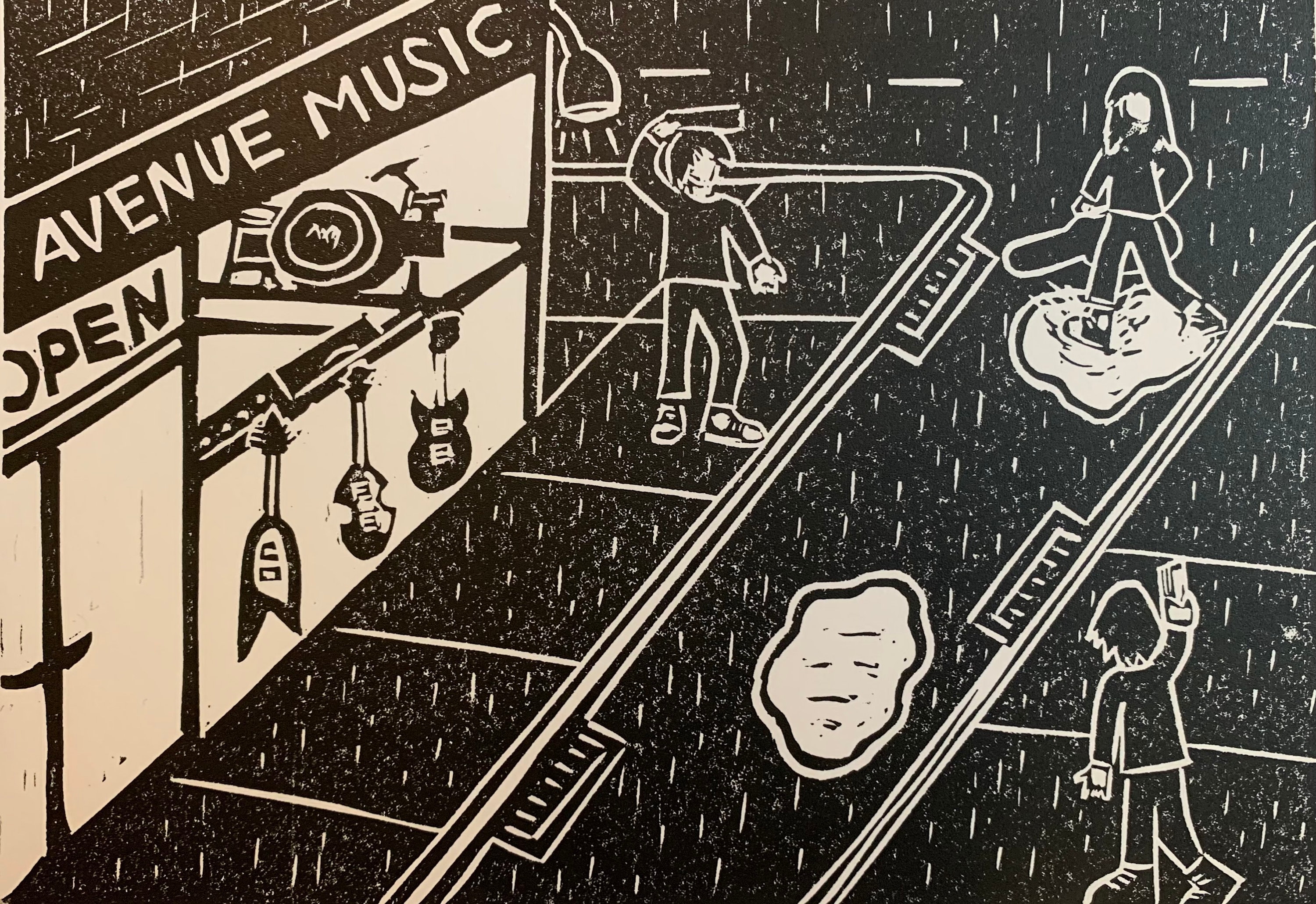 Avenue Music Linocut Print Music Shop Rain Guitar Shop | Etsy