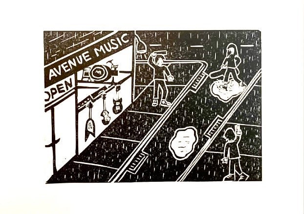Avenue Music Linocut Print Music Shop Rain Guitar Shop - Etsy UK