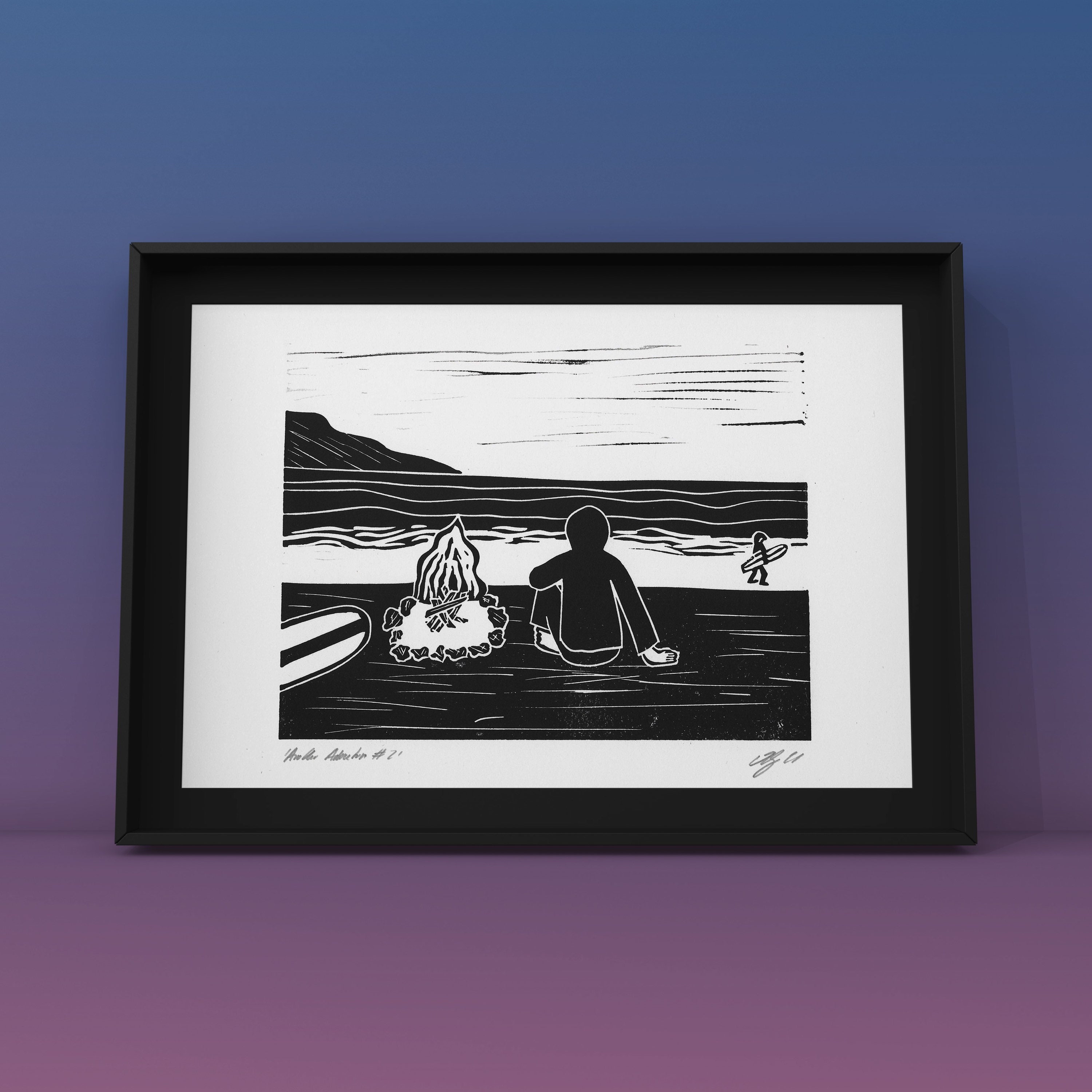 Surf Beach Wall Art - Linocut Print - Beach Campfire Art - Black and ...