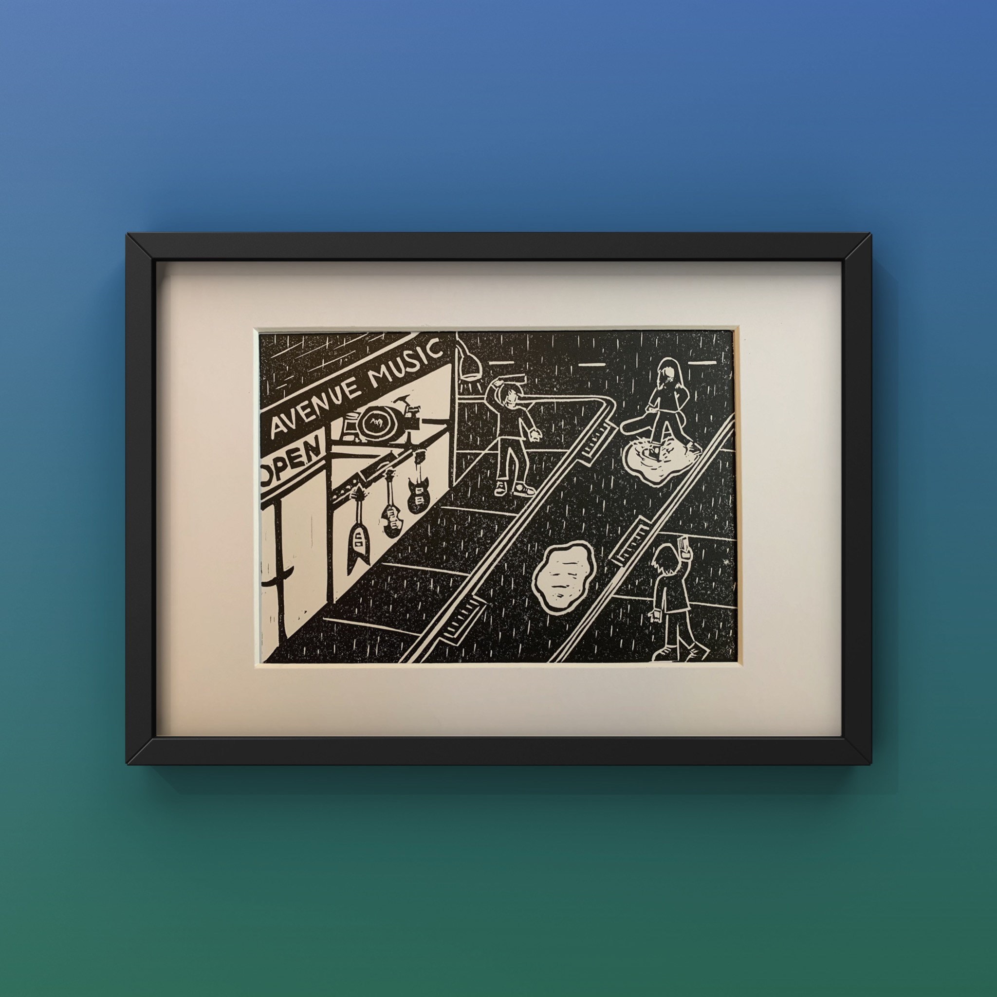 Avenue Music Linocut Print Music Shop Rain Guitar Shop | Etsy