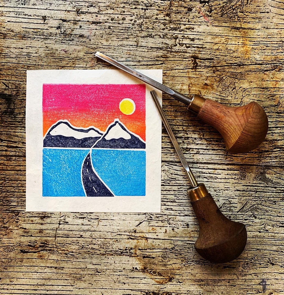 Road Trip Linocut Print – Handmade Mountain Travel Art - Etsy