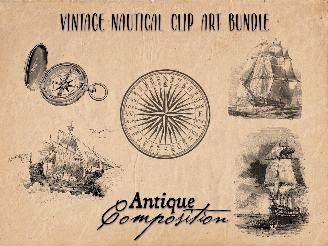 Nautical Clip Art Bundle - Vintage Ship Printable - Ship and Compass ...