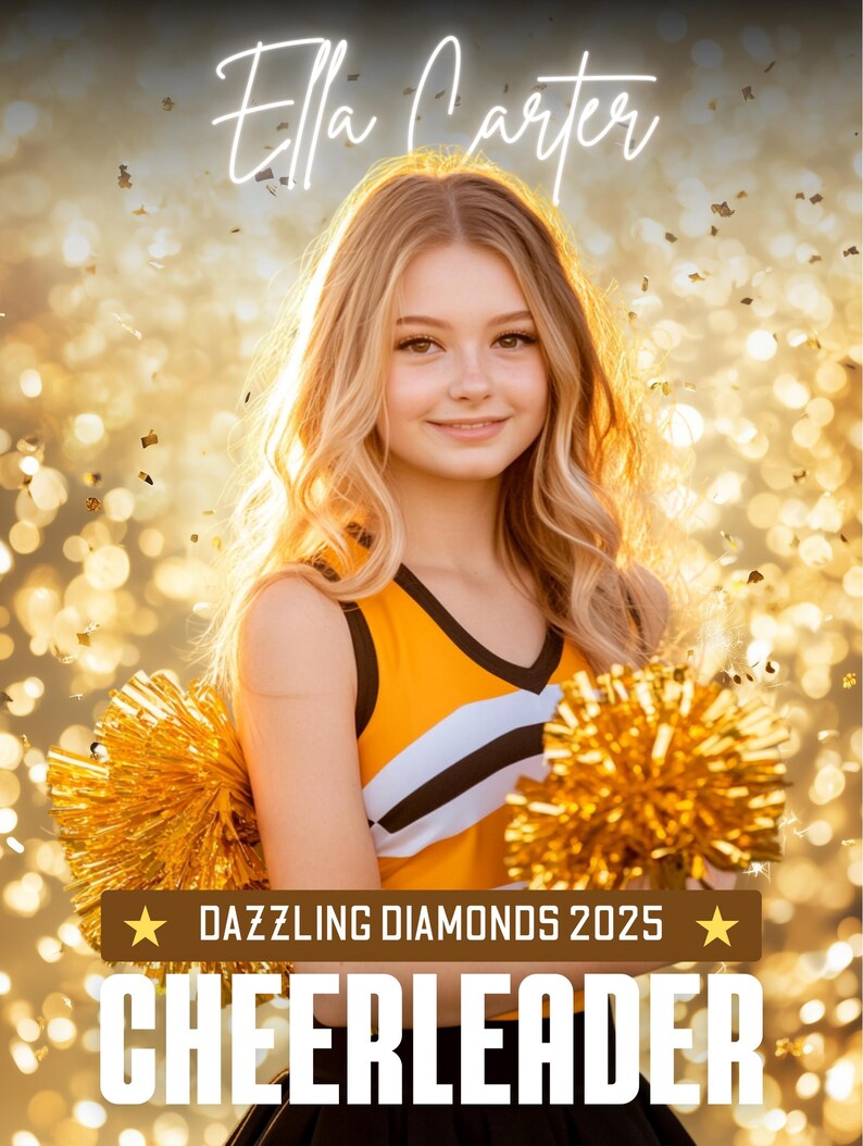 Editable Cheerleader Canva Poster With Gold Confetti and Sparkling ...