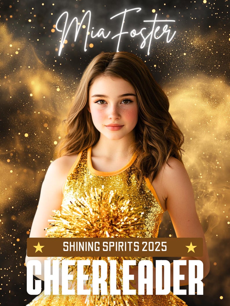 Editable Cheerleader Canva Poster With Gold Confetti and Sparkling ...