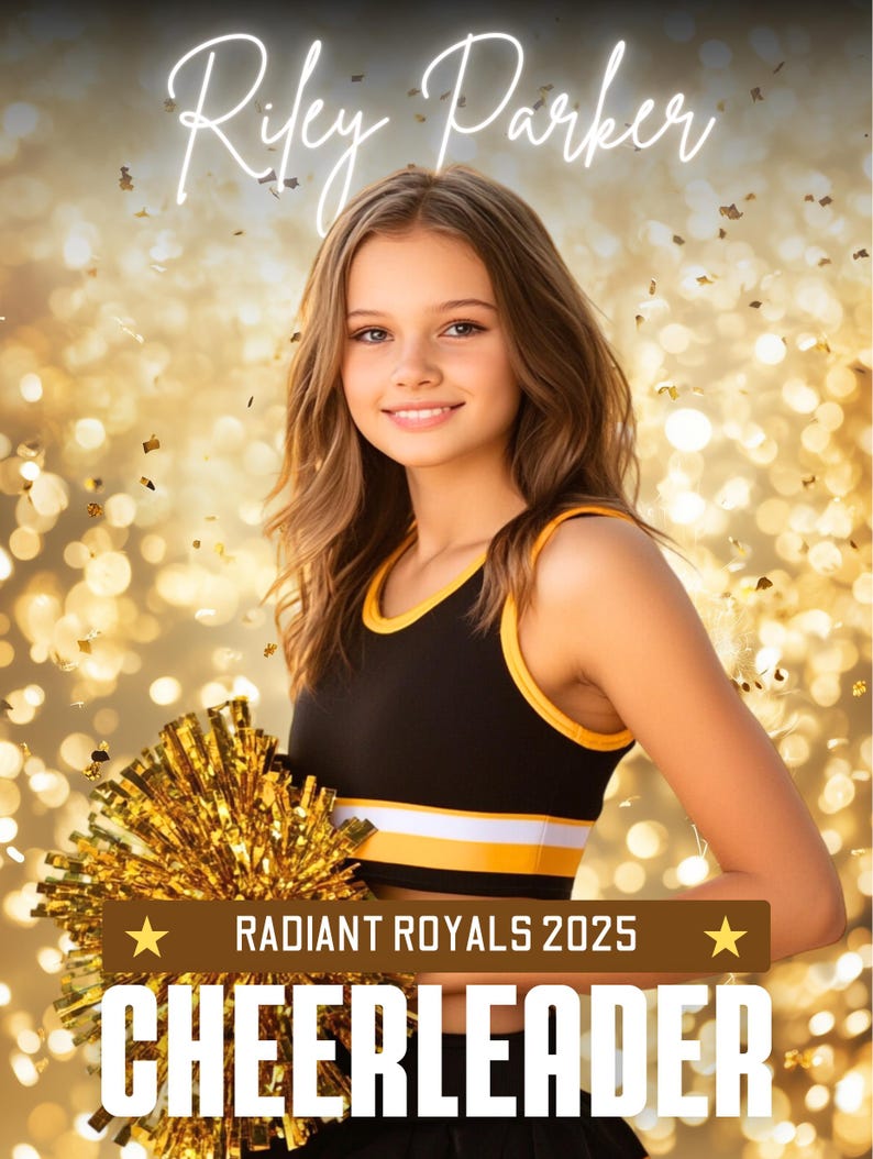 Editable Cheerleader Canva Poster With Gold Confetti and Sparkling ...