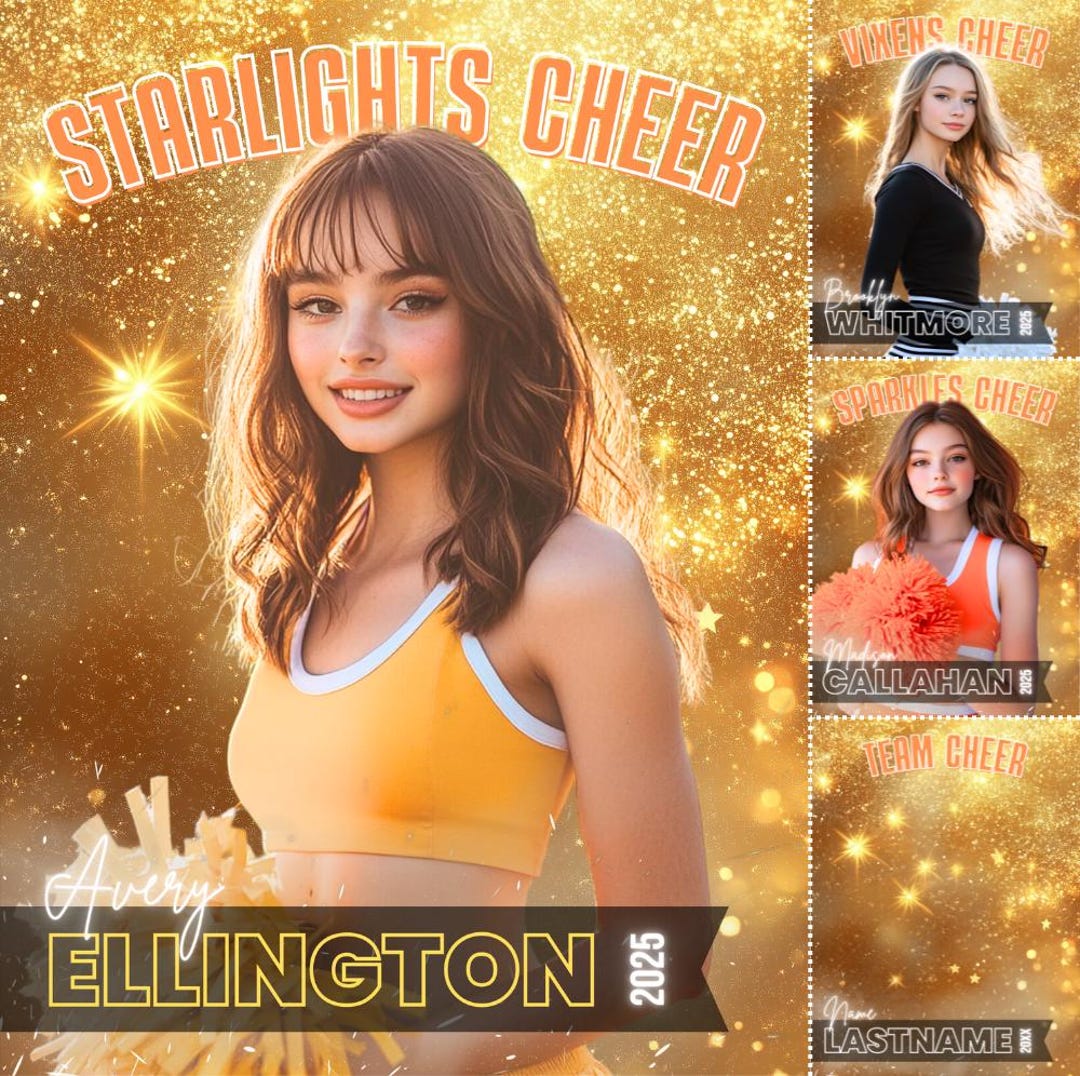 Editable Cheerleader Canva Poster With Gold Stars, Cheer Dance ...