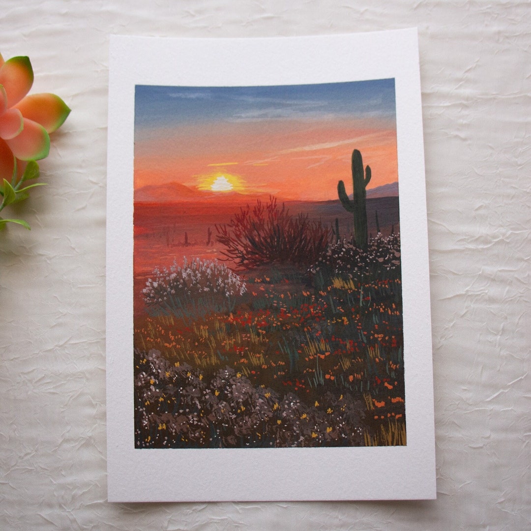 Desert Superbloom 6x9 Original Gouache Painting, Orange Sunset, Desert ...