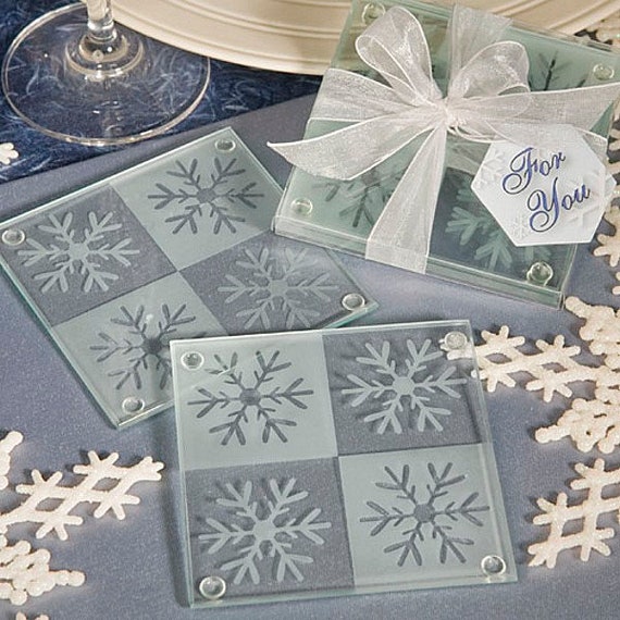 24 Sets of 2 Pack of Glass Snowflake Design Winter Wedding Drink Wine Coaster Coasters Party Favor Wedding Favor