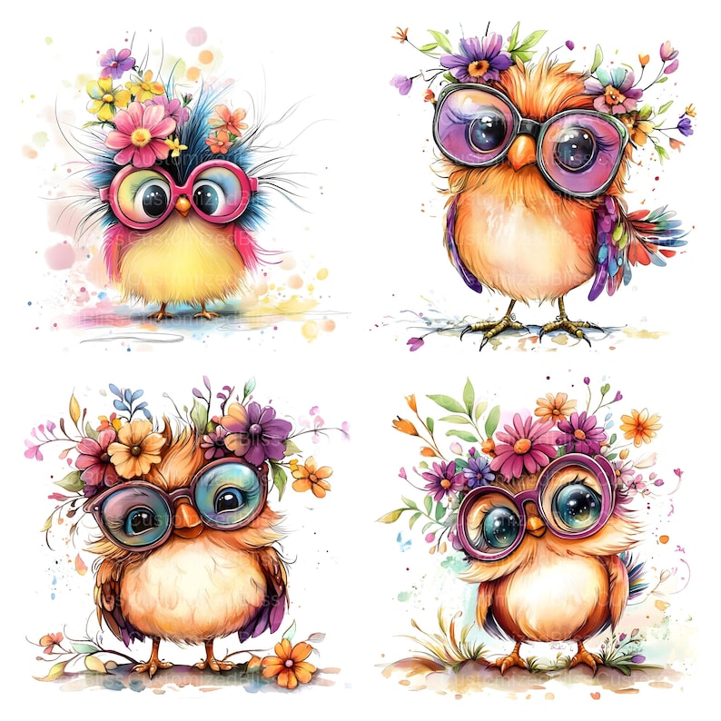 Whimsical Flower Birds Clipart, Funny Birds, Cartoon Birds, 14 High ...