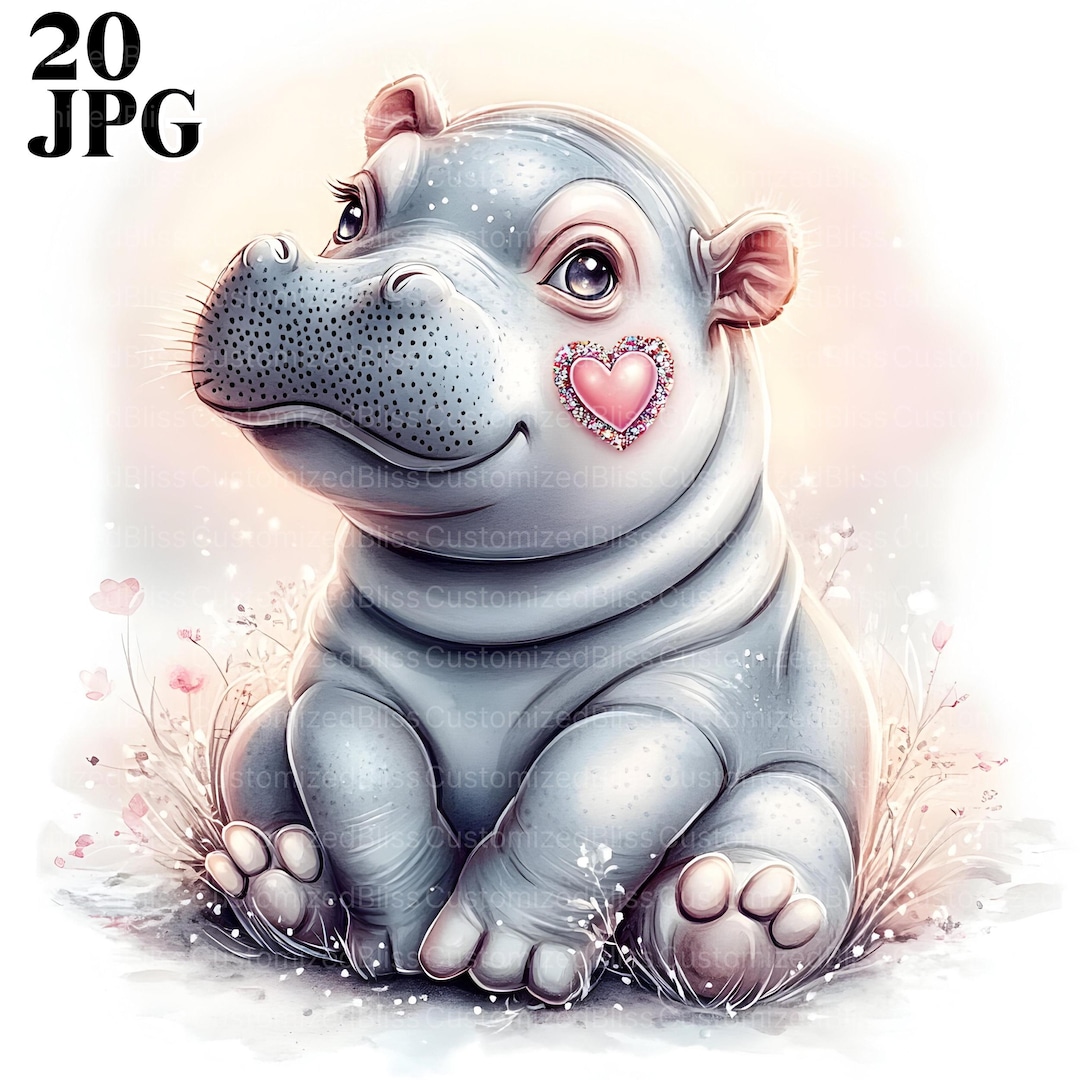 20 Watercolor Hippo Clipart, Cute Hippo, Baby Animals, Animal Clipart ...