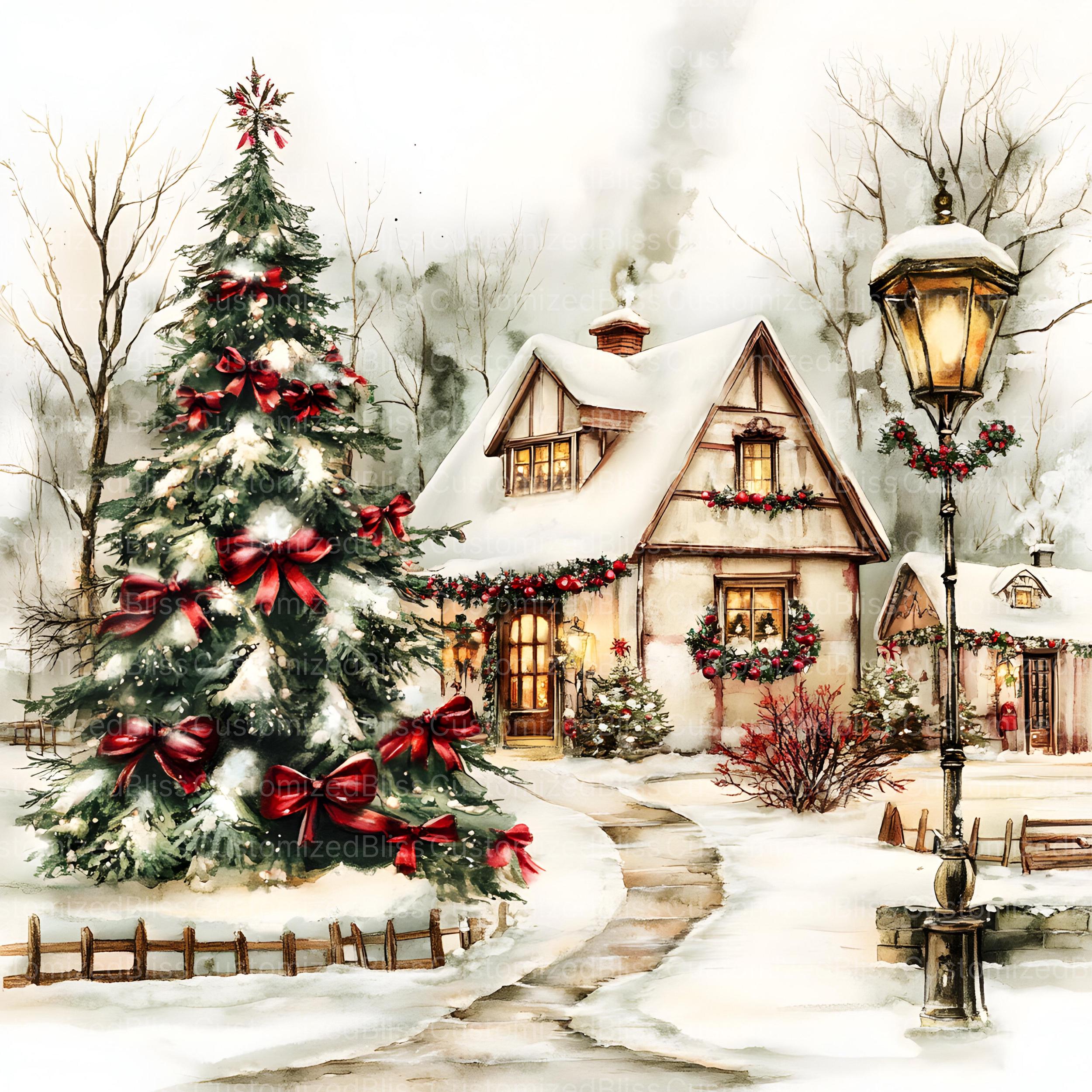 Vintage Snowy Christmas Home Scenery Clipart Bundle, 19 High Quality ...