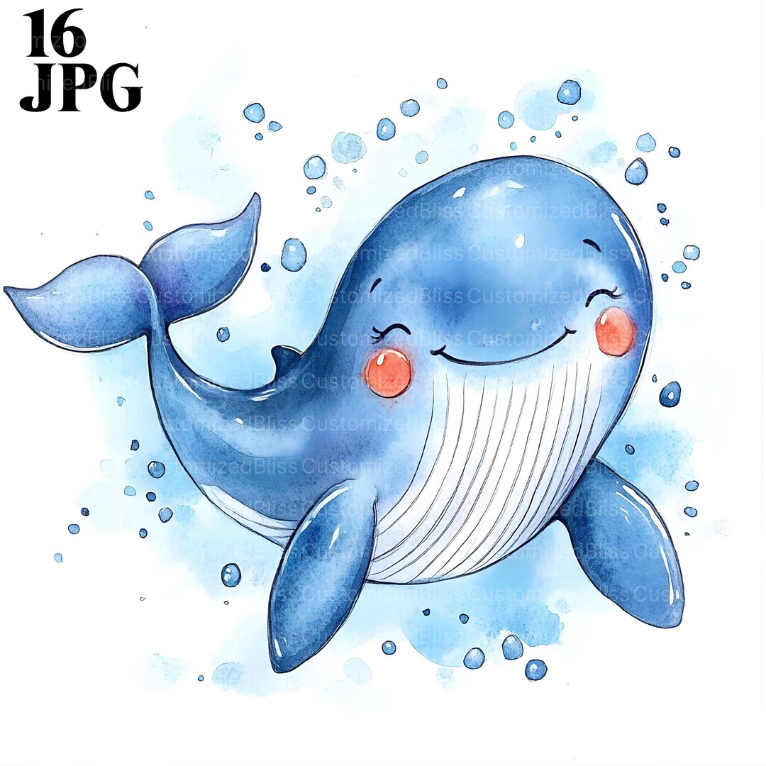 16 Cartoon Whale Clipart, Whale Illustration, Watercolor Whale, Blue ...
