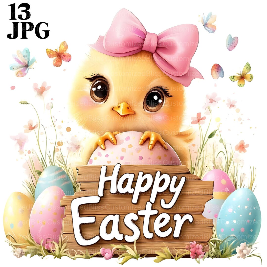 13 Easter Chick Clipart, Cute Baby Chick With Bow, Happy Easter, Easter ...