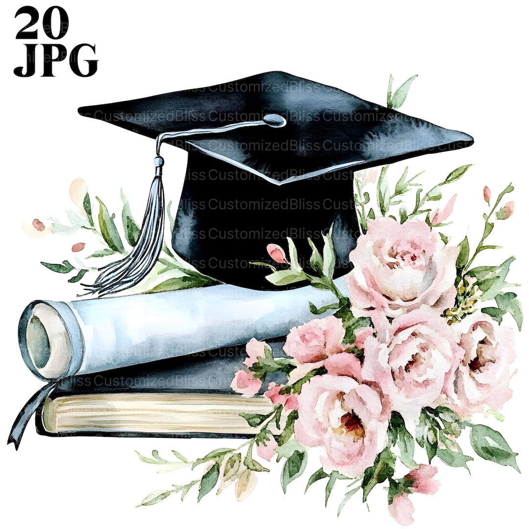 20 Floral Graduation Cap With Diploma Clipart, High Quality Jpgs ...