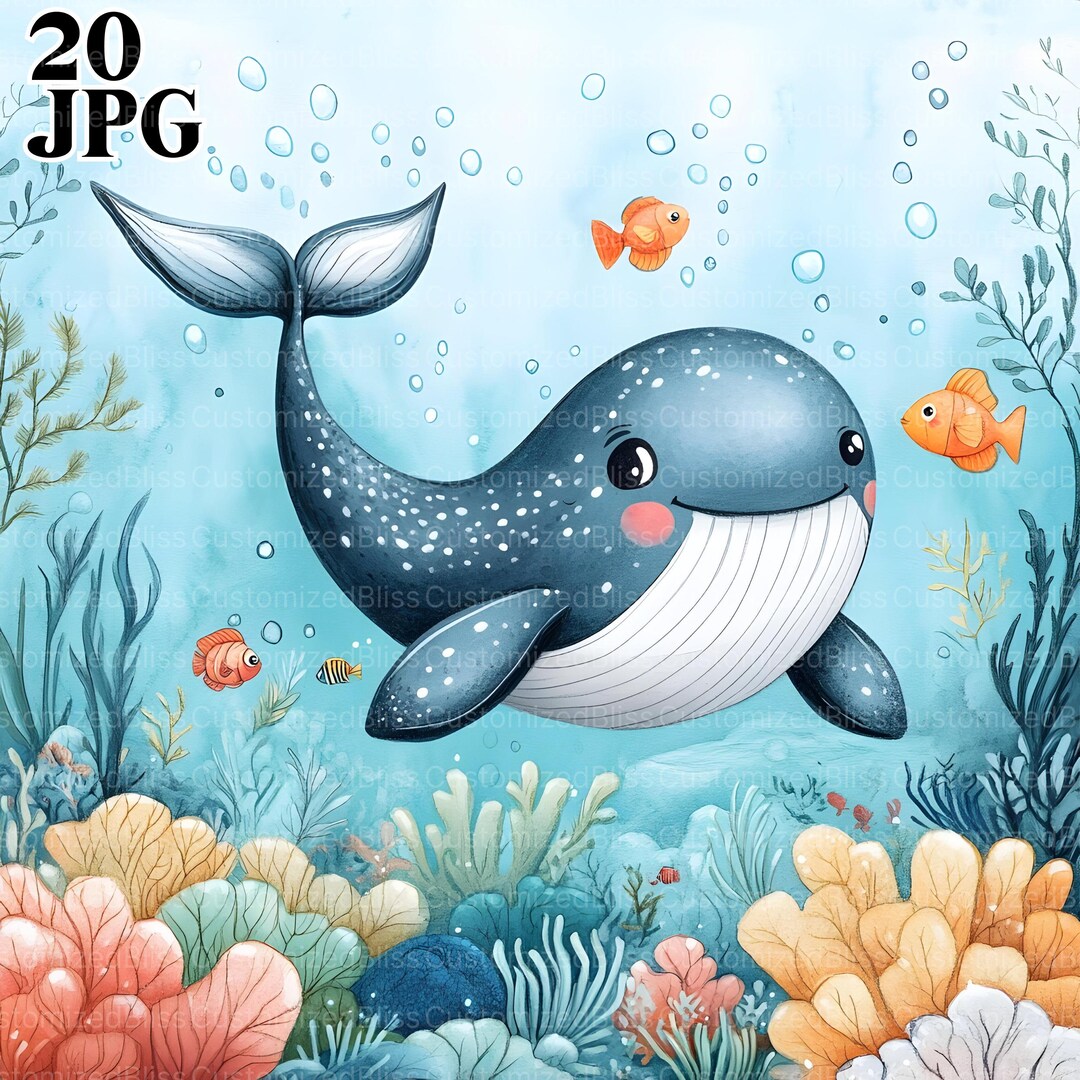 20 Whimsical Ocean Life Clip Art, Whale Clipart, Beluga Whale, Fish ...