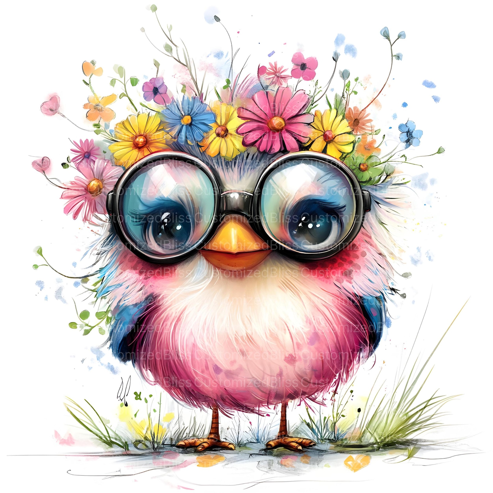 Whimsical Flower Birds Clipart, Funny Birds, Cartoon Birds, 14 High ...