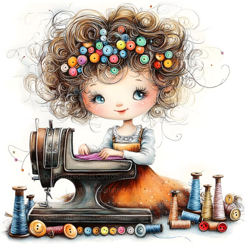 20 Quirky Sewing Clipart, Whimsical Sewing, Whimsical Girl, High ...