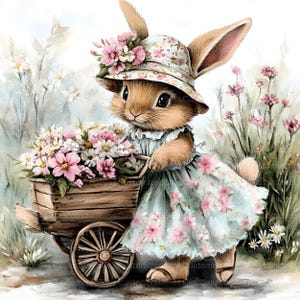 Adorable Little Bunny in Dress With Flowers Clipart Bundle, 20 High ...