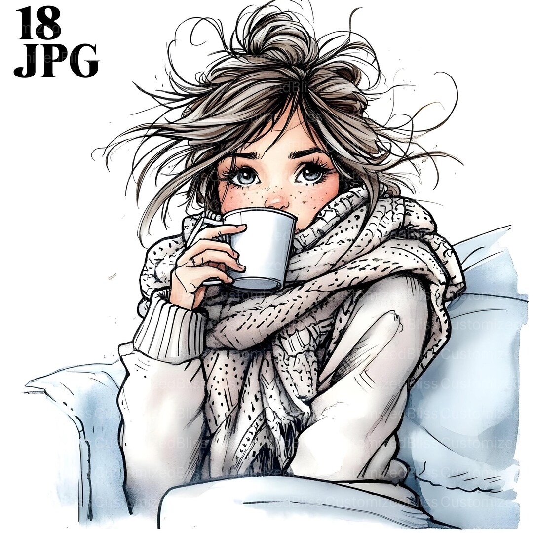 18 Winter Girl Clipart, Cute Girl With Coffee, Whimsical Relaxing ...