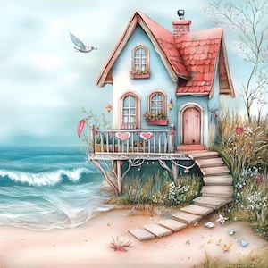 Whimsical Beach House Clip Art, 20 High Res Watercolor Jpgs for Junk ...