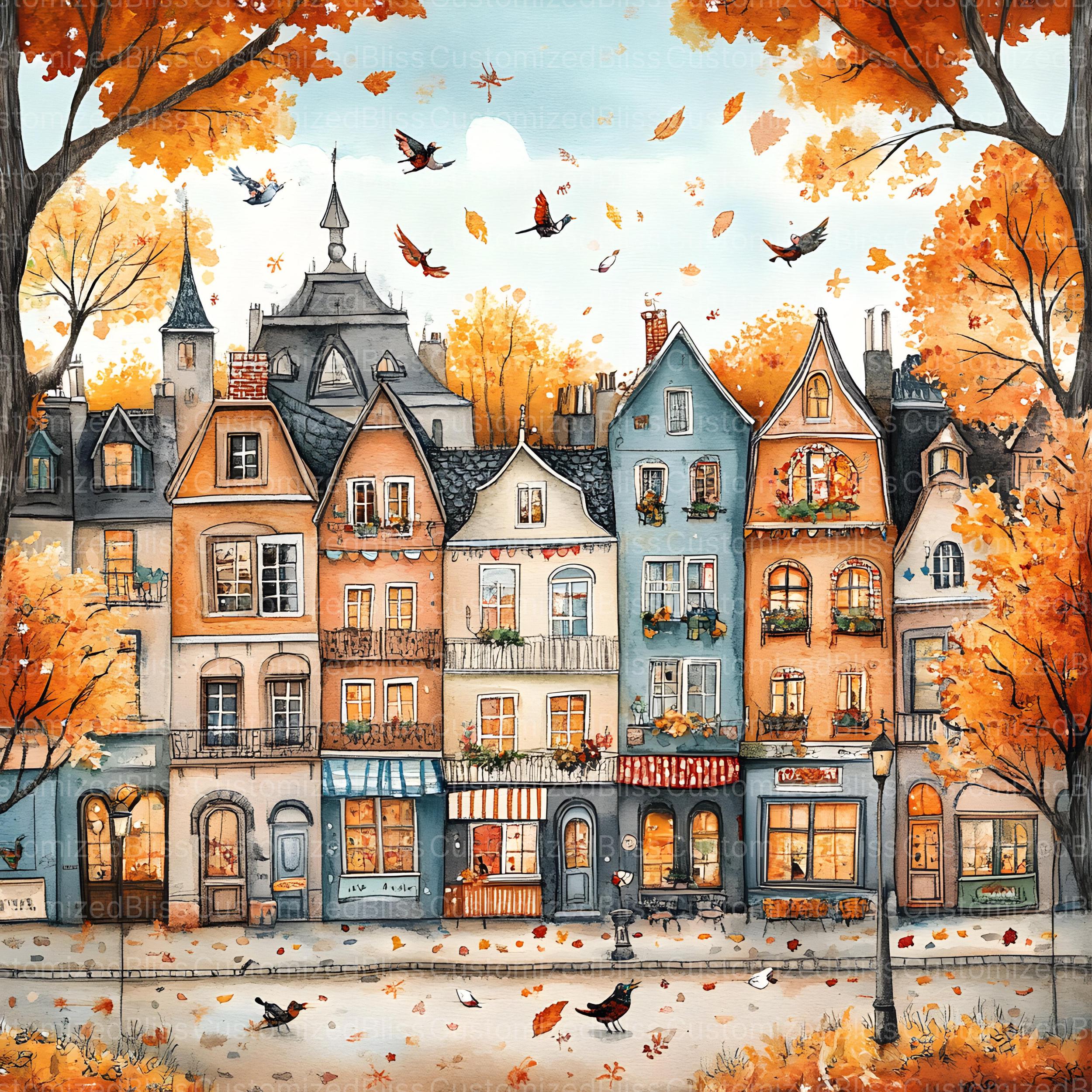 Whimsical Autumn City Clip Art, 20 High Quality Jpgs, Watercolor ...