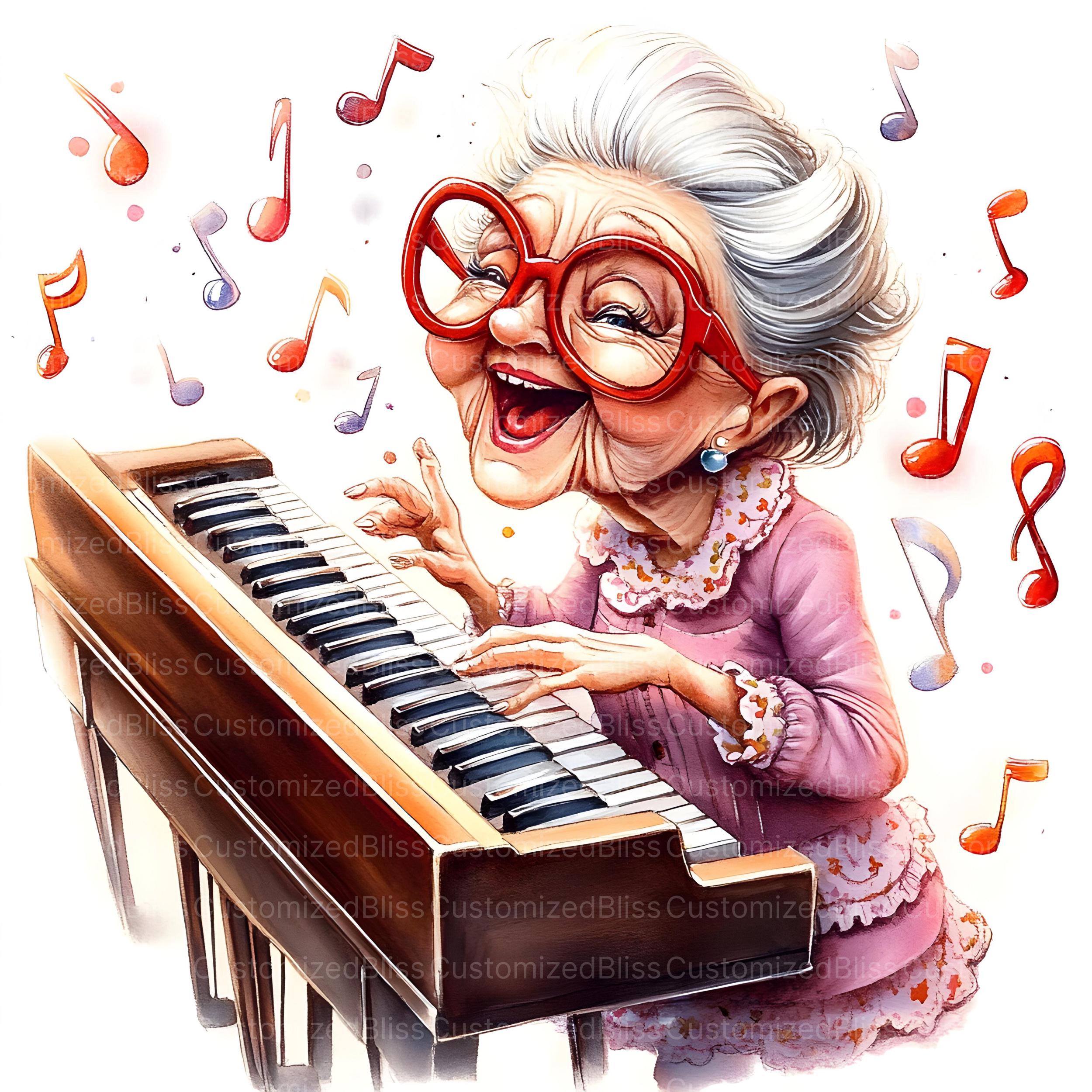 20 Funny Musical Senior Woman Clipart, Grandma Playing Piano, Quirky ...