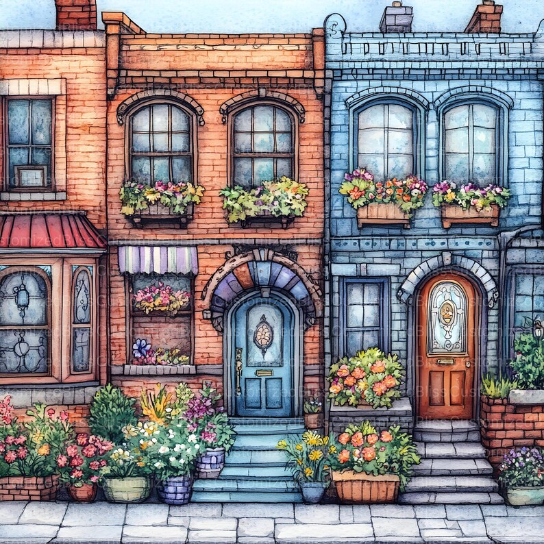 Whimsical Brick Row Houses Clipart Bundle, 20 High Quality Jpgs ...