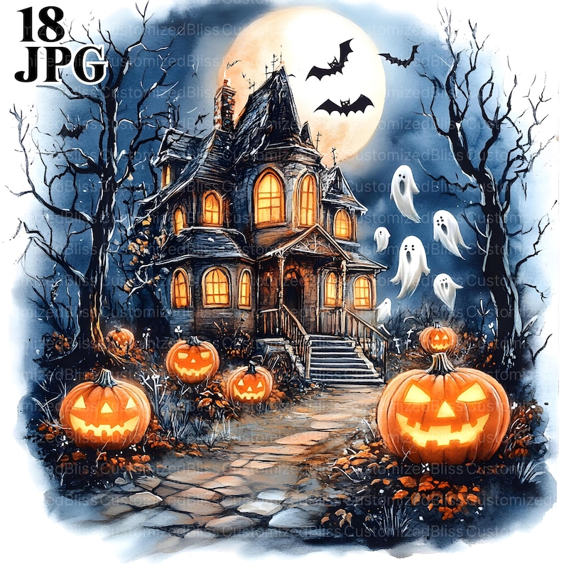 18 Spooky Halloween Night Clipart, Haunted House, Full Moon, Pumpkins ...