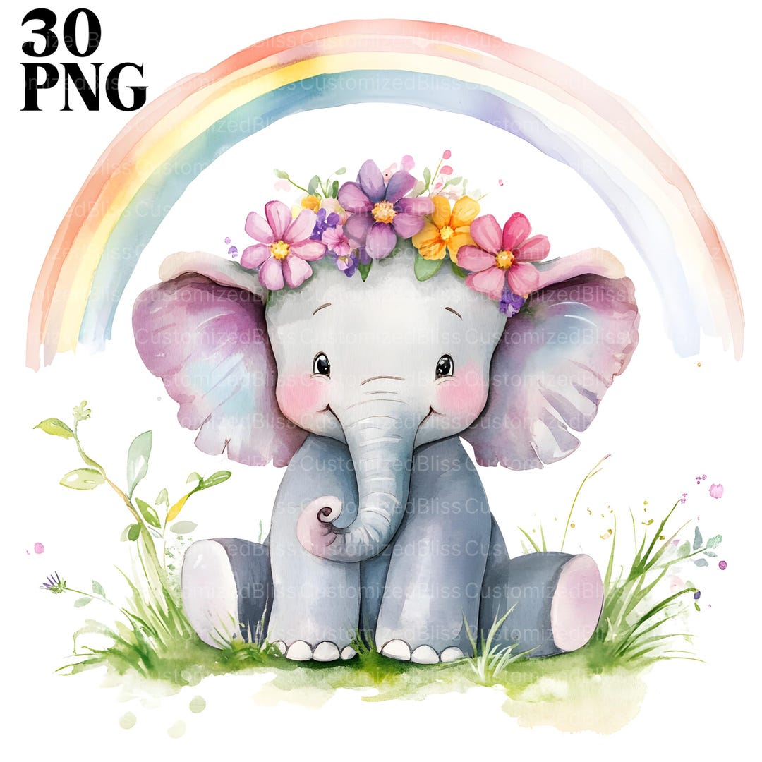 Baby Elephant Clipart Bundle, 30 PNG, Flower Baby Elephant Sublimation ...