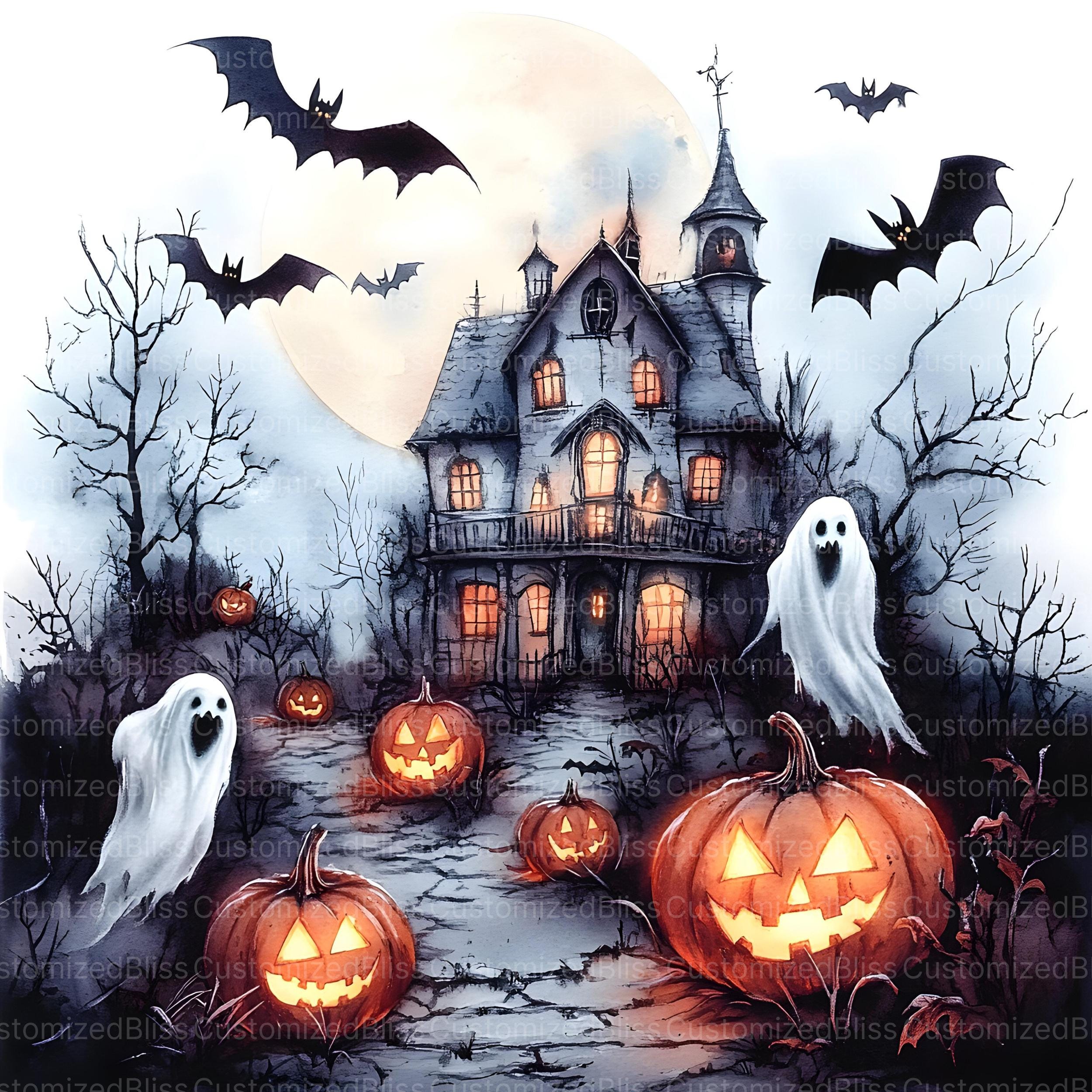 18 Spooky Halloween Night Clipart, Haunted House, Full Moon, Pumpkins ...