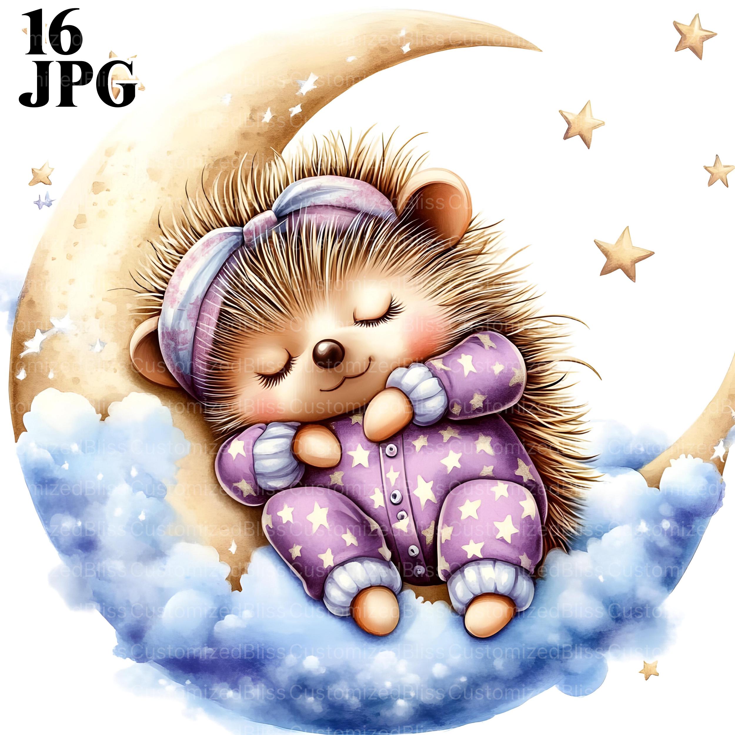 16 Sleepy Hedgehog on Moon Clipart, Pajamas, Stars, Pillow, High ...