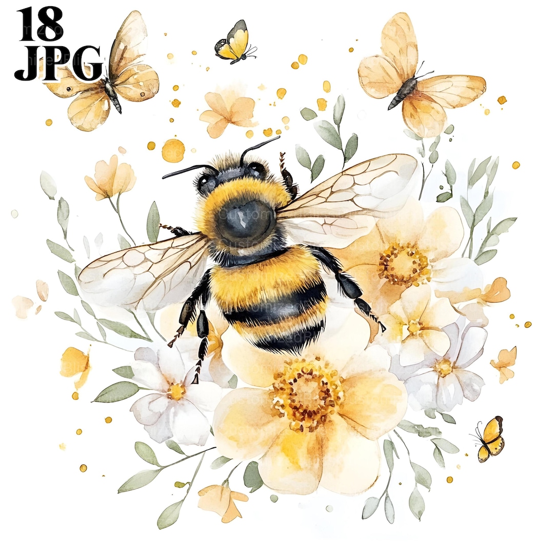18 Floral Honey Bees, Honey Bee Clipart, Watercolor Bees, High Quality ...
