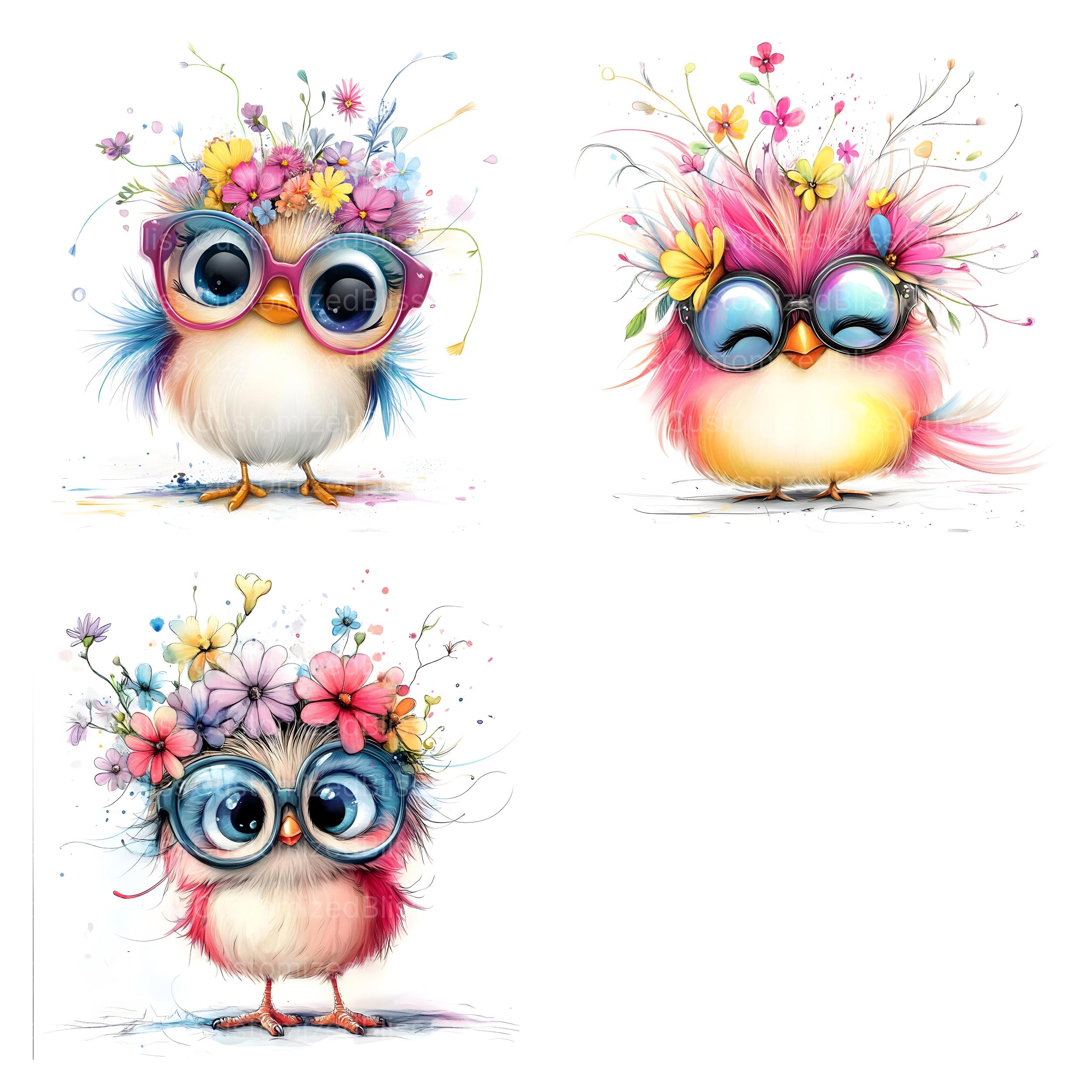 Whimsical Flower Birds Clipart, Funny Birds, Cartoon Birds, 14 High ...