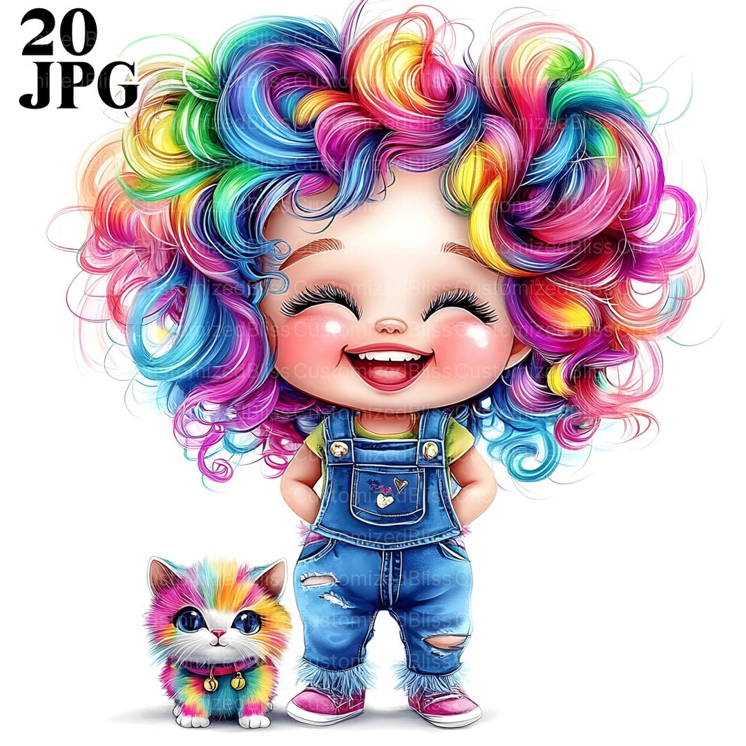 20 Quirky Girl Clipart, Sweet Girl With Cat Clipart, High Quality Jpgs ...