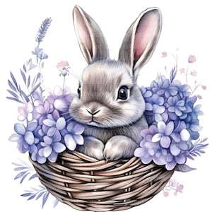 16 Bunny in Easter Basket With Flowers Clipart, Bunny Clipart, Easter ...