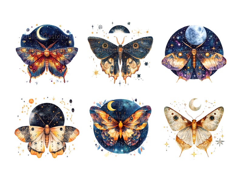 Moth Moon Celestial Clipart Bundle, 29 High Quality PNG, Hippy Moon ...