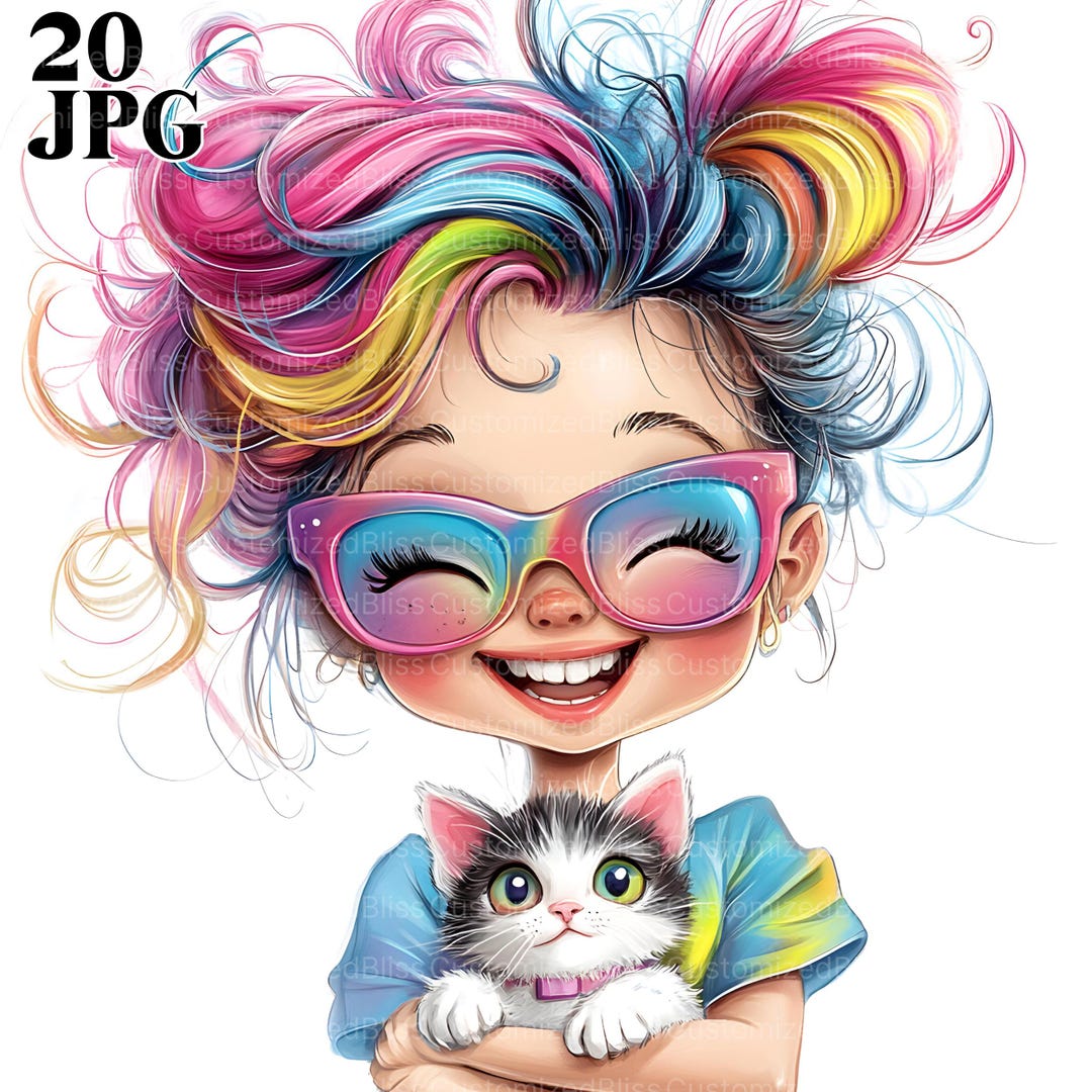 20 Quirky Girl Clipart, Girl With Cat, High Quality Jpgs, Commercial ...