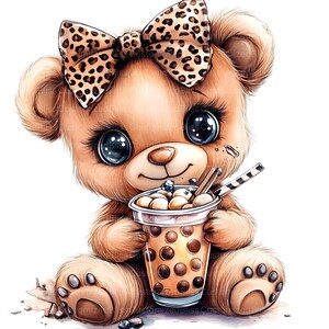 Cute Bear Clipart, Boba Clipart, Teddy Bear Clipart, Leopard Print Bow ...