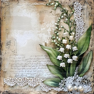 15 Lily of the Valley and Lace Papers, Digital Paper Pack, Floral Junk ...
