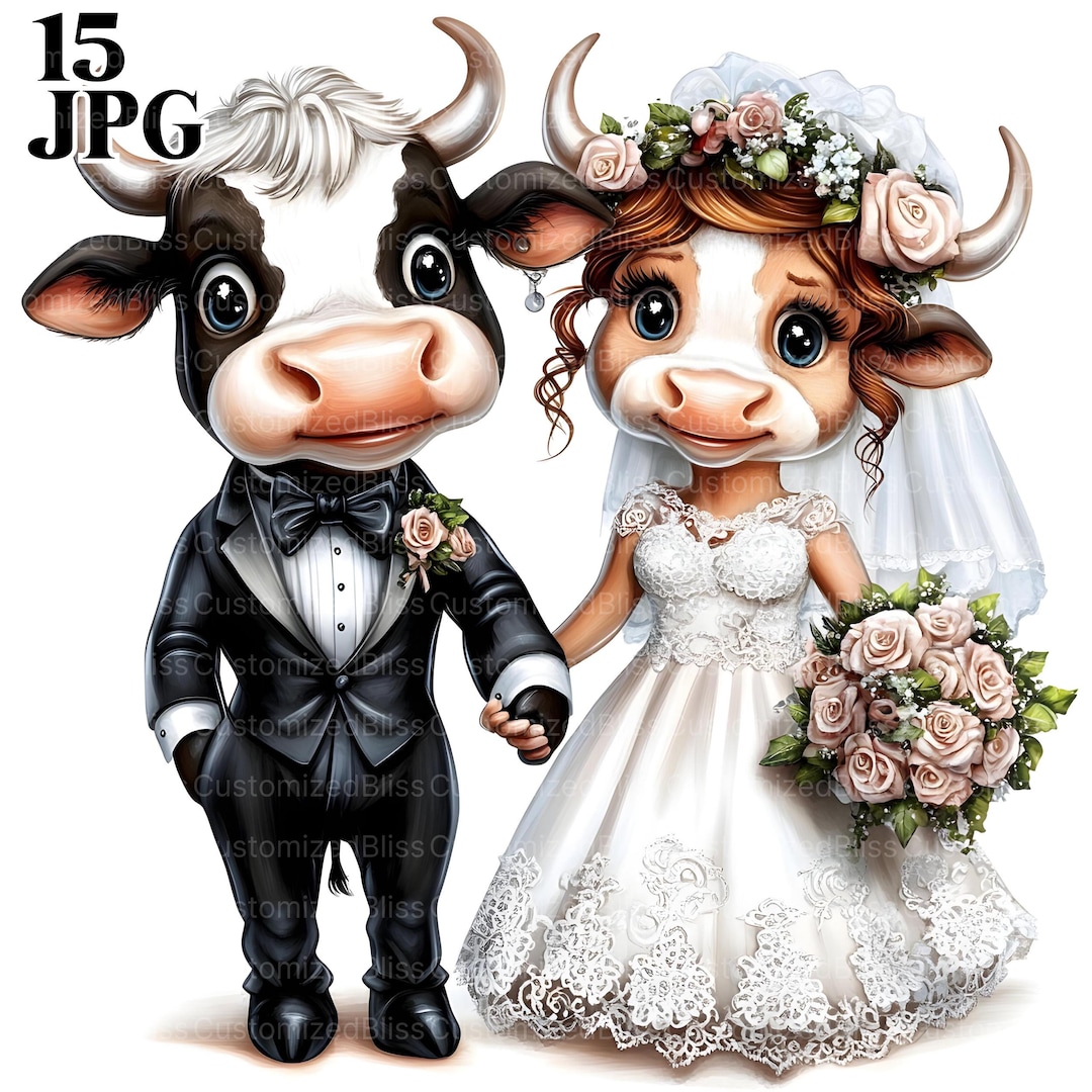 15 Cute Cow Wedding Couple Clipart, Bride and Groom Cows in Wedding ...