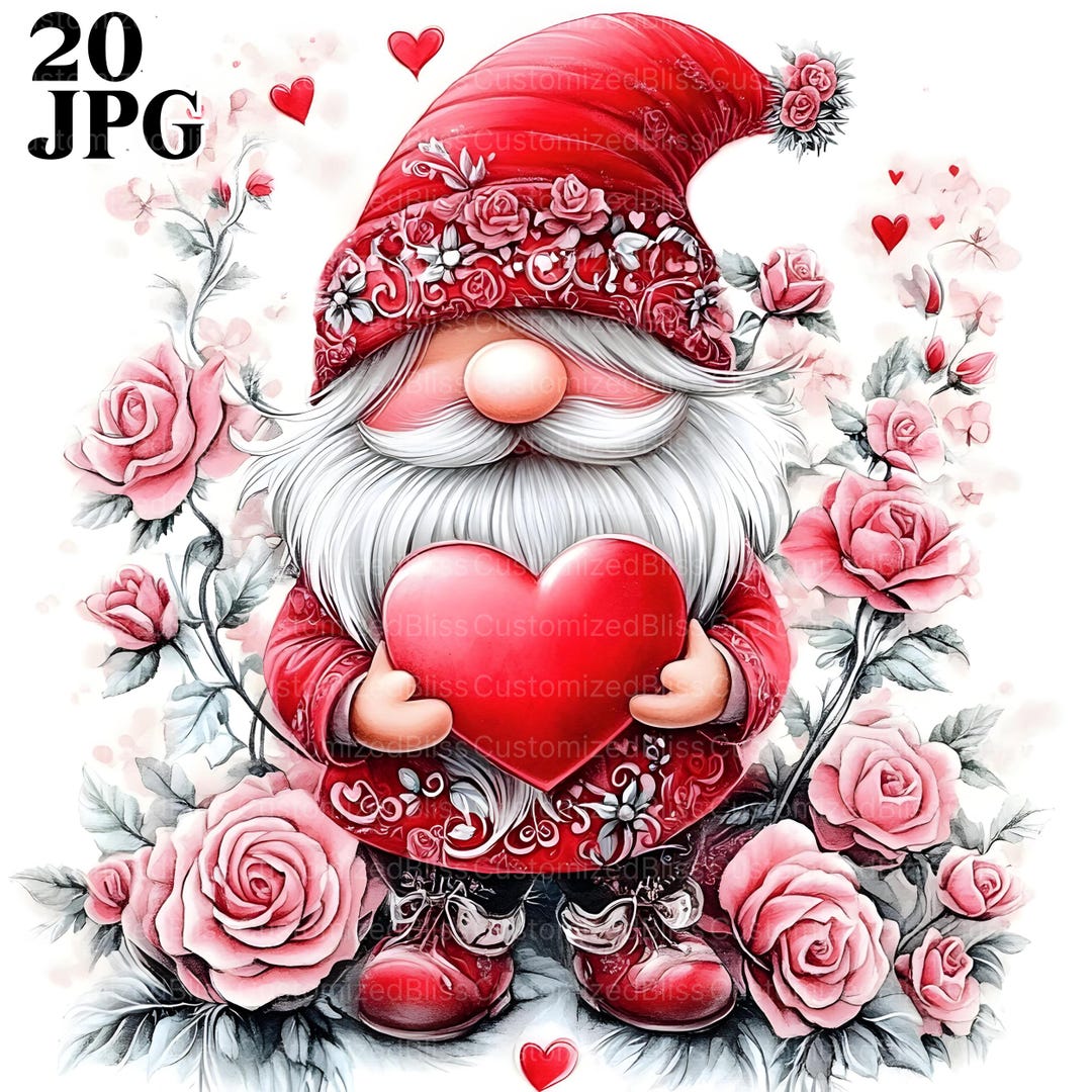 20 Valentines Gnome Clipart, Watercolor Gnome, Valentine Printable ...