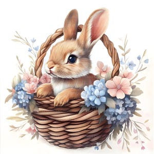 16 Bunny in Easter Basket With Flowers Clipart, Bunny Clipart, Easter ...