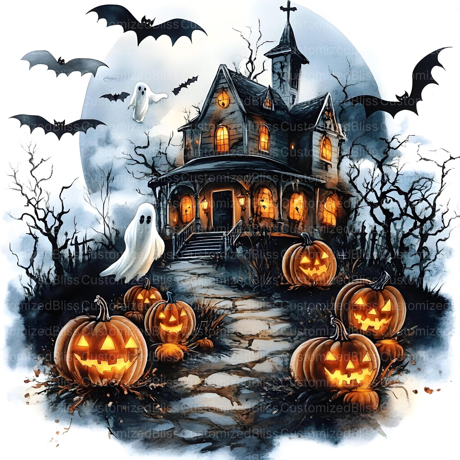 18 Spooky Halloween Night Clipart, Haunted House, Full Moon, Pumpkins ...